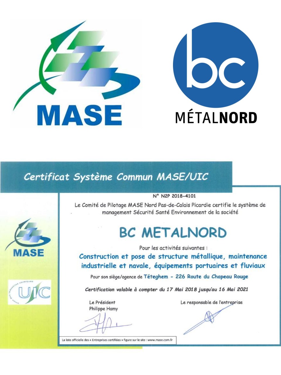 Certification MASE - BC Metalnord